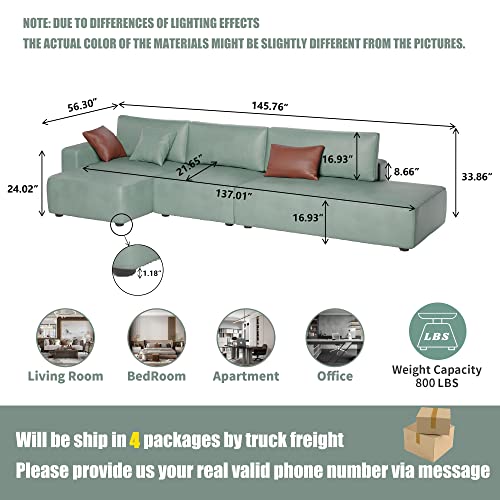 JACH 145" Modular Leathaire Large Sectional Sofa with Chaise, L-Shaped Faux Leather 5 Seater Minimalist Couch, Modern Right Hand Facing Sectional Sofas with 3 Throw Pillows, Green