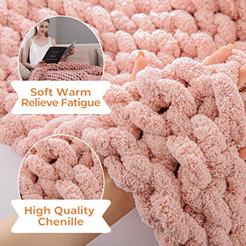 QQP Chunky Knit Throw Blanket,Hand Made with Jumbo Chenille Yarn Crochet Blanket,Super Cozy and Soft Chunky Knitted Throw Blanket for Sleep＆Home Decor.（40x40In Dusty Pink）