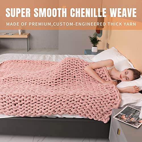 QQP Chunky Knit Throw Blanket,Hand Made with Jumbo Chenille Yarn Crochet Blanket,Super Cozy and Soft Chunky Knitted Throw Blanket for Sleep＆Home Decor.（40x40In Dusty Pink）