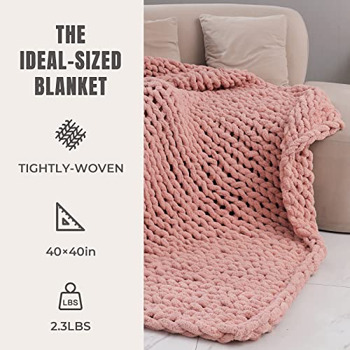 QQP Chunky Knit Throw Blanket,Hand Made with Jumbo Chenille Yarn Crochet Blanket,Super Cozy and Soft Chunky Knitted Throw Blanket for Sleep＆Home Decor.（40x40In Dusty Pink）