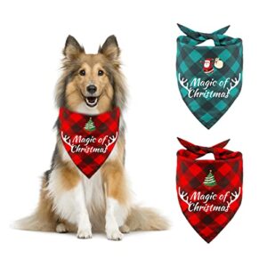 bonjin 2 pack dog bandana christmas classic plaid, pet scarf triangle reversible bibs kerchief santa christmas tree magic of christmas print pet bandana for small medium large dogs cats pets