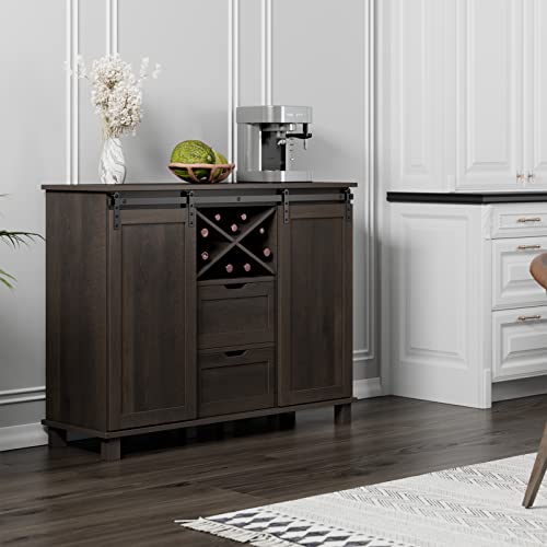 HOSTACK Farmhouse Buffet Sideboard, Coffee Bar Cabinet with Storage, Liquor Wine Cabinet with Sliding Barn Doors, Accent Cabinet for Home, Kitchen, Dining Room, Dark Brown