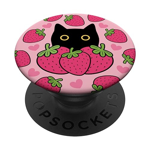 Cute Kawaii Black Cat Pink Strawberry Heart Strawberries PopSockets Standard PopGrip