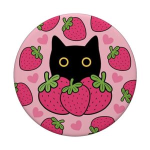 Cute Kawaii Black Cat Pink Strawberry Heart Strawberries PopSockets Standard PopGrip