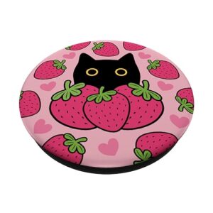 Cute Kawaii Black Cat Pink Strawberry Heart Strawberries PopSockets Standard PopGrip