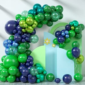 blue and green balloon garland kit, navy blue dark green balloon garland arch kit with double layer chrome blue balloons, metallic green blue balloons green confetti balloons for birthday party decor