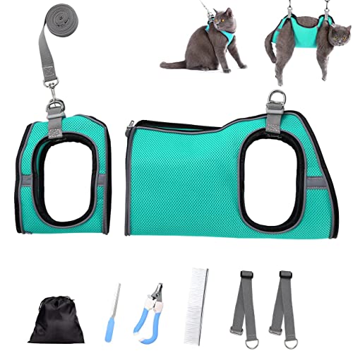 RHD Multi-Function Detachable Pet Grooming Hammock Harness & Vest Harness, 4.6ft Nylon Pet Leash, Pet Grooming Supplies Kit with Nail Clippers, Nail File, Pet Comb - Soft,Mesh,Reflective Thread,Cyan,S