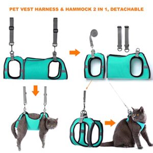 RHD Multi-Function Detachable Pet Grooming Hammock Harness & Vest Harness, 4.6ft Nylon Pet Leash, Pet Grooming Supplies Kit with Nail Clippers, Nail File, Pet Comb - Soft,Mesh,Reflective Thread,Cyan,S