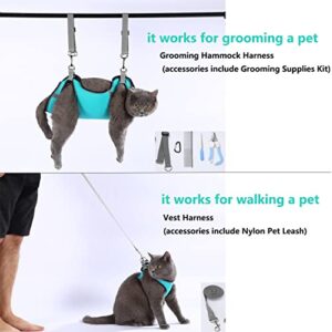 RHD Multi-Function Detachable Pet Grooming Hammock Harness & Vest Harness, 4.6ft Nylon Pet Leash, Pet Grooming Supplies Kit with Nail Clippers, Nail File, Pet Comb - Soft,Mesh,Reflective Thread,Cyan,S