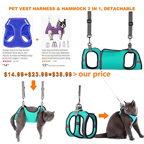 RHD Multi-Function Detachable Pet Grooming Hammock Harness & Vest Harness, 4.6ft Nylon Pet Leash, Pet Grooming Supplies Kit with Nail Clippers, Nail File, Pet Comb - Soft,Mesh,Reflective Thread,Cyan,S