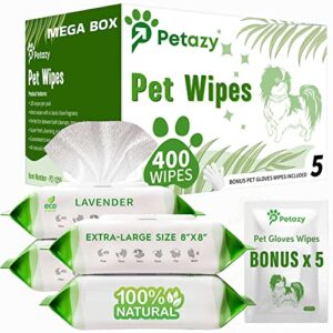 petazy 400 dog wipes for paws and butt ears eyes | organic pet wipes for dogs | lavender scented dog wipes cleaning deodorizing | extra thick paw wipes for dogs cats pets | bonus glove wipes included