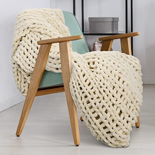 Catalonia Classic Chunky Knit Blanket, Soft & Lightweight Yarn Knitted Blanket, 50"x60" Crochet Chenille Blanket, Decorative Cable Knitted Throw Blankets for Couch, Bed, Sofa, Latte