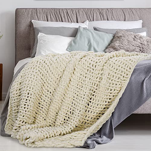 Catalonia Classic Chunky Knit Blanket, Soft & Lightweight Yarn Knitted Blanket, 50"x60" Crochet Chenille Blanket, Decorative Cable Knitted Throw Blankets for Couch, Bed, Sofa, Latte