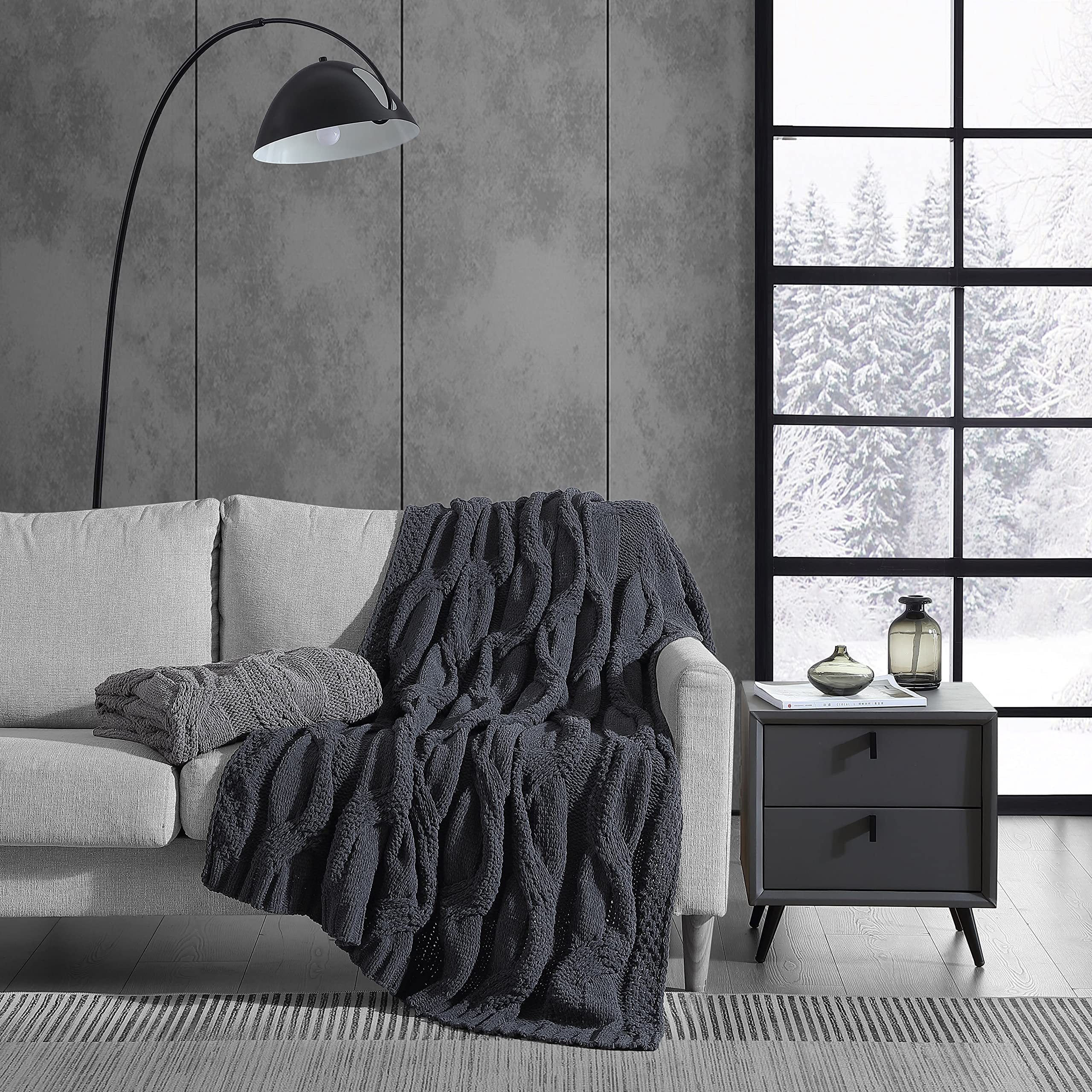 Vera Wang- Throw Blanket, Ultra Soft Chenille Home Décor, All Season Designer Bedding (Large Cable Knit Charcoal Grey, 50 x 70)