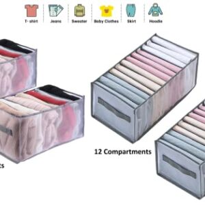 Mesh Wardrobe Clothes Organizer for Jeans and shirt, Upgraded Sturdy Large Drawer storage box for Clothing with Handle Foldable, Drawer Organizers Clothes (4 Packs: Shirt+Jeans+T-Shirt, Grey)