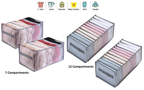 Mesh Wardrobe Clothes Organizer for Jeans and shirt, Upgraded Sturdy Large Drawer storage box for Clothing with Handle Foldable, Drawer Organizers Clothes (4 Packs: Shirt+Jeans+T-Shirt, Grey)