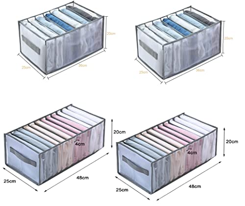 Mesh Wardrobe Clothes Organizer for Jeans and shirt, Upgraded Sturdy Large Drawer storage box for Clothing with Handle Foldable, Drawer Organizers Clothes (4 Packs: Shirt+Jeans+T-Shirt, Grey)