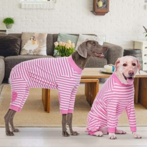 Large Dogs Pajamas, Stripes Cotton Stretchable Dog Jumpsuit, 4 Legs Lightweight Dog Onesie Pjs Clothes Apparel with Zipper Closer and Elbow Pads, Full Coverage Large Breed Dogs Anti-Shedding Suit