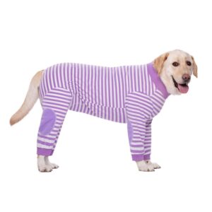 Large Dogs Pajamas, Stripes Cotton Stretchable Dog Jumpsuit, 4 Legs Lightweight Dog Onesie Pjs Clothes Apparel with Zipper Closer and Elbow Pads, Full Coverage Large Breed Dogs Anti-Shedding Suit