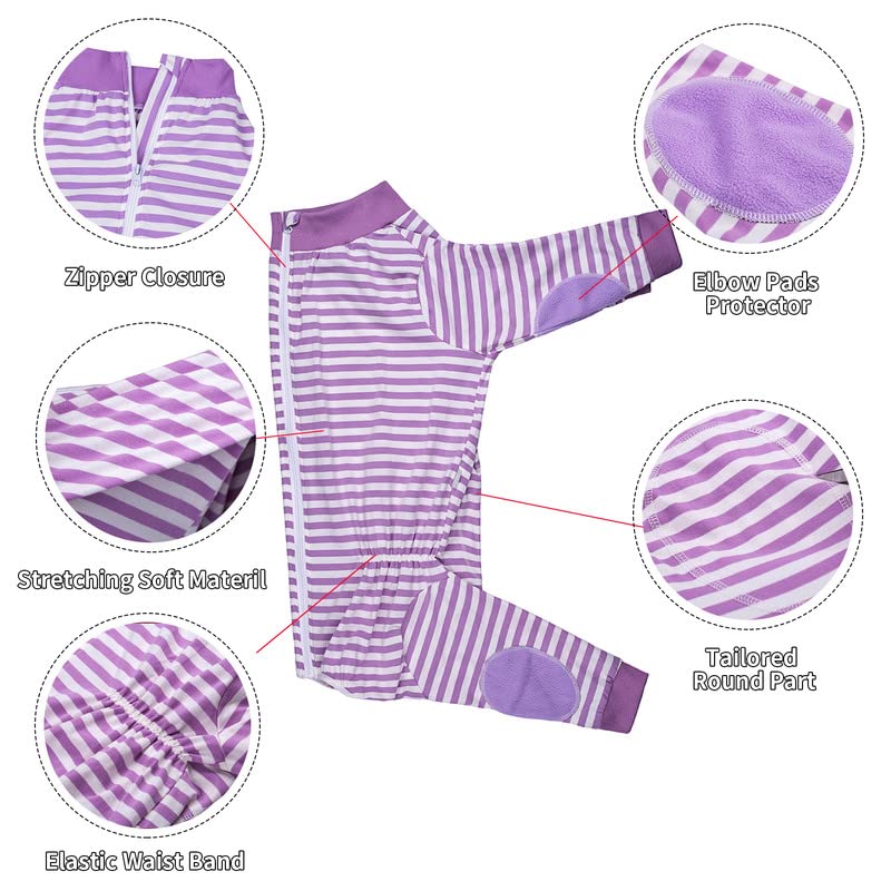 Large Dogs Pajamas, Stripes Cotton Stretchable Dog Jumpsuit, 4 Legs Lightweight Dog Onesie Pjs Clothes Apparel with Zipper Closer and Elbow Pads, Full Coverage Large Breed Dogs Anti-Shedding Suit