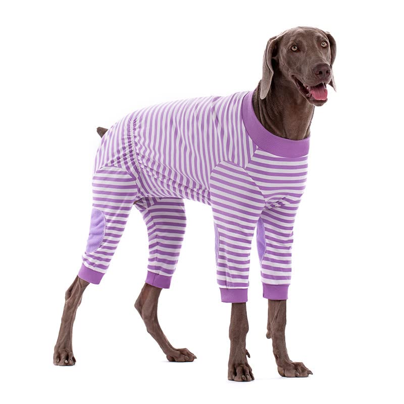 Large Dogs Pajamas, Stripes Cotton Stretchable Dog Jumpsuit, 4 Legs Lightweight Dog Onesie Pjs Clothes Apparel with Zipper Closer and Elbow Pads, Full Coverage Large Breed Dogs Anti-Shedding Suit