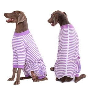 Large Dogs Pajamas, Stripes Cotton Stretchable Dog Jumpsuit, 4 Legs Lightweight Dog Onesie Pjs Clothes Apparel with Zipper Closer and Elbow Pads, Full Coverage Large Breed Dogs Anti-Shedding Suit