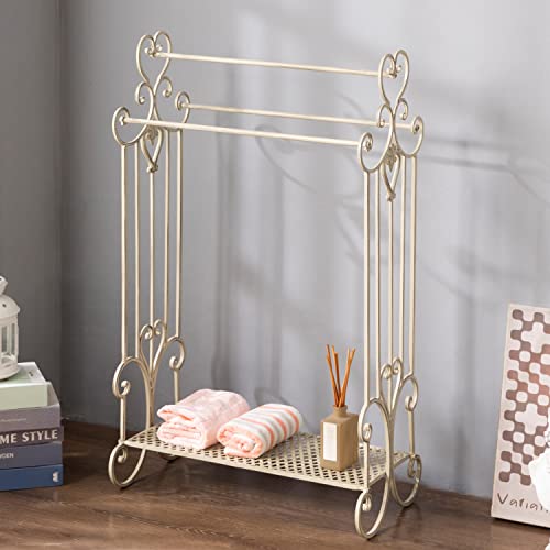 Free Standing Towel Rack for Bathroom 3 Tier Metal Towel Rack Stand with Shelf Floor Towel Rack Towel Rack Freestanding for Bath Towels, Hand Towels, Washcloths, Modern Retro White