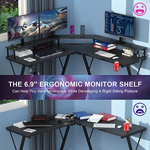 FEMOND L Shaped Gaming Desk with Led Lights & Power Outlet, Computer Corner Desk with Carbon Fiber Surface, Ergonomic Gamer Table with Cup Holder & Headphone Hook, Large Monitor Stand, Black, 50''