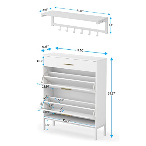 Tribesigns Shoe Cabinet with Flip Doors for Entryway, 2-In-1 Design Coat Rack Shelf with Shoe Storage Cabinet, Wooden Shoes Rack Shoe Organizer with Coat Hooks for Hallway