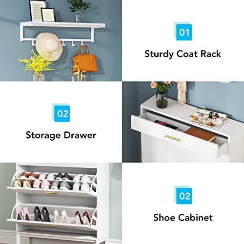 Tribesigns Shoe Cabinet with Flip Doors for Entryway, 2-In-1 Design Coat Rack Shelf with Shoe Storage Cabinet, Wooden Shoes Rack Shoe Organizer with Coat Hooks for Hallway