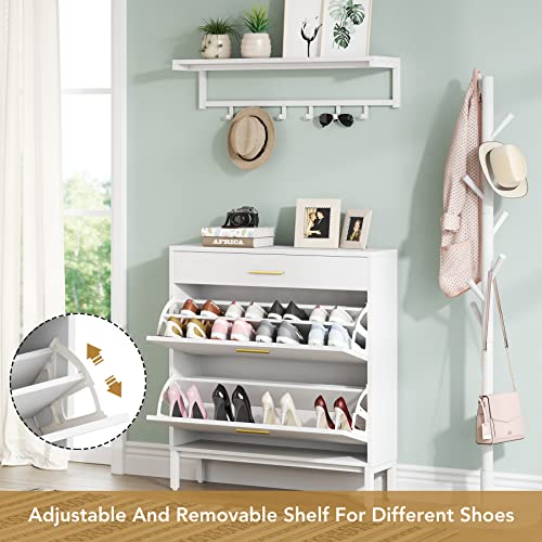 Tribesigns Shoe Cabinet with Flip Doors for Entryway, 2-In-1 Design Coat Rack Shelf with Shoe Storage Cabinet, Wooden Shoes Rack Shoe Organizer with Coat Hooks for Hallway