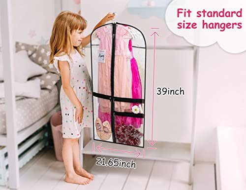 KIMBORA Clear Dance Costume Garment Bag for Dancers 3 Zippered Pockets Kids Embroiderable Competitions Bags, Clothes Cover for Girls Dress(3 Packs)