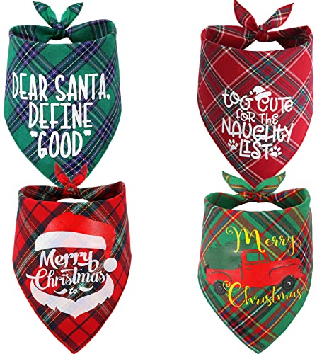 4 Pack Christmas Dog Bandanas, Classic Plaid Dog Scarf Bib, Premium Cotton Fabric, Holiday Bandanas for Small and Medium Dogs Pets