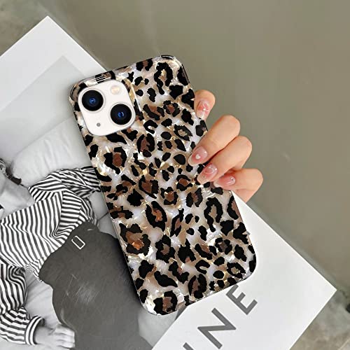 J.west Case Compatible with iPhone 14 6.1-inch, Luxury Sparkle Translucent Clear Leopard Cheetah Print Pearly Design Soft Silicone Slim TPU Protective Phone Case Cover for Girls Women (Bling)