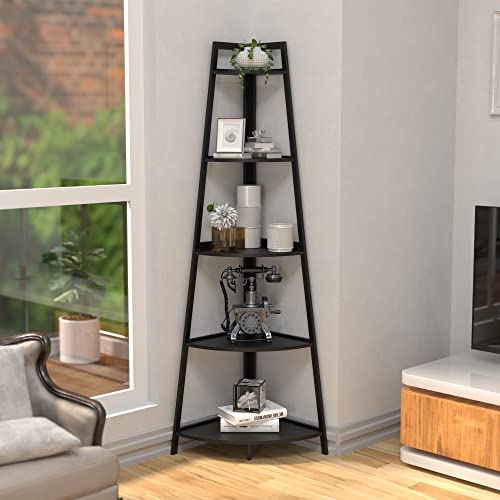 WTZ Corner Shelf, 5 Tier Bookshelf, 70.8 Inch Tall Bookcase, Open Ladder Book Case, Modern Bamboo Corner Storage Bookshelf Stand in Living Room, Bedroom, Office, Kitchen, Black