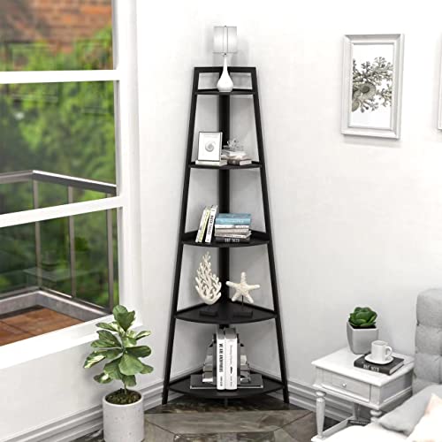 WTZ Corner Shelf, 5 Tier Bookshelf, 70.8 Inch Tall Bookcase, Open Ladder Book Case, Modern Bamboo Corner Storage Bookshelf Stand in Living Room, Bedroom, Office, Kitchen, Black