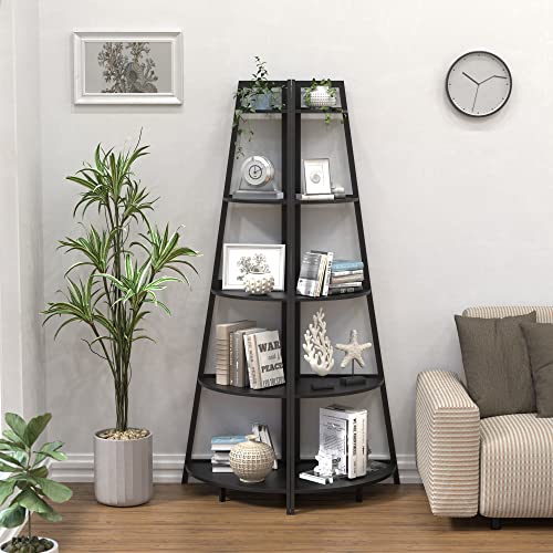 WTZ Corner Shelf, 5 Tier Bookshelf, 70.8 Inch Tall Bookcase, Open Ladder Book Case, Modern Bamboo Corner Storage Bookshelf Stand in Living Room, Bedroom, Office, Kitchen, Black