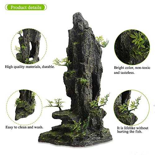 PENCK Aquarium Mountain Decoration Rock Hiding Cave Fish Tank Decor Resin Stone Aquarium Ornament Accessories Landscape with Small Artificial Plants