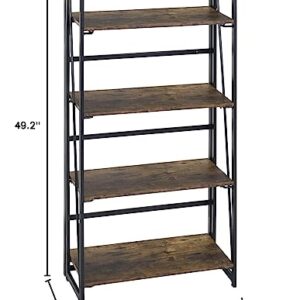 FurnitureR 4-Tier Bookcase Folding Bookshelf Home Office Industrial Bookcase with Metal Frame No Assembly Storage Shelves Vintage Flower Stand Rustic Book Rack Organizer, 23.6 X 11.8 X 49.2 Inches