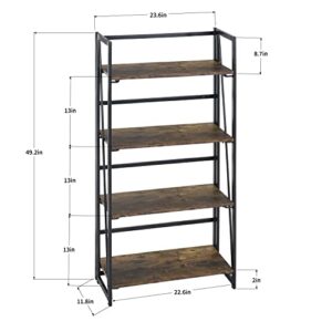 FurnitureR 4-Tier Bookcase Folding Bookshelf Home Office Industrial Bookcase with Metal Frame No Assembly Storage Shelves Vintage Flower Stand Rustic Book Rack Organizer, 23.6 X 11.8 X 49.2 Inches