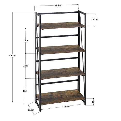 FurnitureR 4-Tier Bookcase Folding Bookshelf Home Office Industrial Bookcase with Metal Frame No Assembly Storage Shelves Vintage Flower Stand Rustic Book Rack Organizer, 23.6 X 11.8 X 49.2 Inches