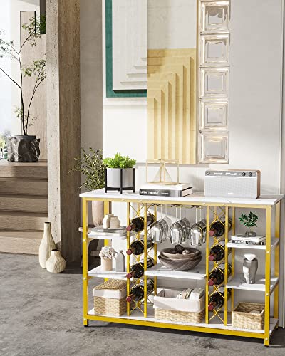 Teraves Modern Wine Rack Table, 47 Inch Wine Baker's Rack with Storage Shelves, 4 Tier Freestanding Wine Rack for Bar, Buffet, Home Kitchen Dining Room Living Room (White Marbling+ Gold Frame)