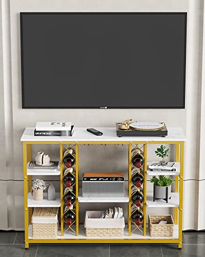 Teraves Modern Wine Rack Table, 47 Inch Wine Baker's Rack with Storage Shelves, 4 Tier Freestanding Wine Rack for Bar, Buffet, Home Kitchen Dining Room Living Room (White Marbling+ Gold Frame)