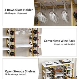 Teraves Modern Wine Rack Table, 47 Inch Wine Baker's Rack with Storage Shelves, 4 Tier Freestanding Wine Rack for Bar, Buffet, Home Kitchen Dining Room Living Room (White Marbling+ Gold Frame)