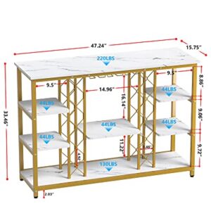 Teraves Modern Wine Rack Table, 47 Inch Wine Baker's Rack with Storage Shelves, 4 Tier Freestanding Wine Rack for Bar, Buffet, Home Kitchen Dining Room Living Room (White Marbling+ Gold Frame)