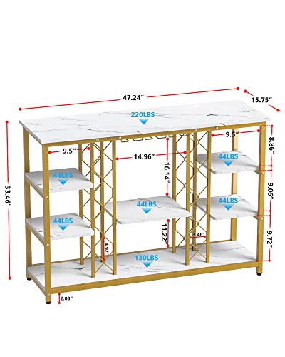 Teraves Modern Wine Rack Table, 47 Inch Wine Baker's Rack with Storage Shelves, 4 Tier Freestanding Wine Rack for Bar, Buffet, Home Kitchen Dining Room Living Room (White Marbling+ Gold Frame)