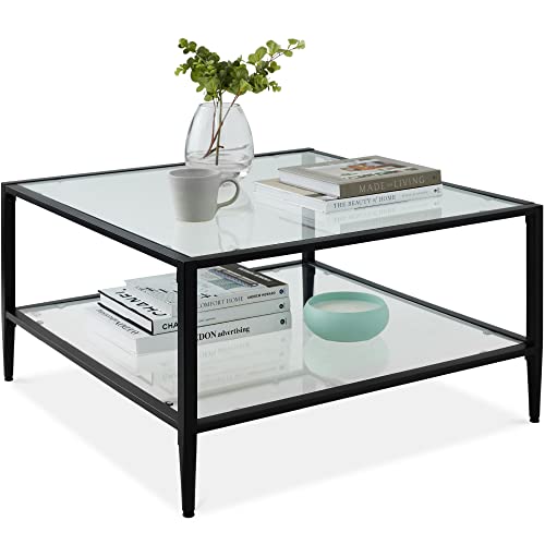 Best Choice Products 32” Square Glass Coffee Table, Large 2-Tier Accent Furniture for Living Room, Bedroom w/Metal Frame, Glass Shelves - Black