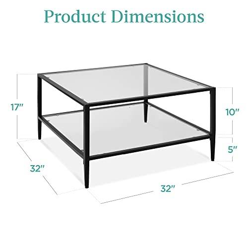 Best Choice Products 32” Square Glass Coffee Table, Large 2-Tier Accent Furniture for Living Room, Bedroom w/Metal Frame, Glass Shelves - Black