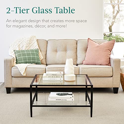 Best Choice Products 32” Square Glass Coffee Table, Large 2-Tier Accent Furniture for Living Room, Bedroom w/Metal Frame, Glass Shelves - Black