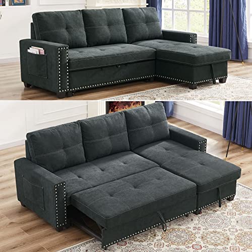 EMKK Upholstery Reversible Sleeper Sofa L-Shape 3 Seat Sectional Couch with Storage Chaise Modern Linen Fabric for Apartment Living Room Furniture Set, Black Pull-Out